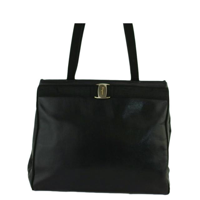 【BIGお買い物ラリー★30%OFFセール中】サルヴァトーレフェラガモ Salvatore Ferragamo トートバッグヴァラ リザード調 ネイビー ブラック レディース 中古