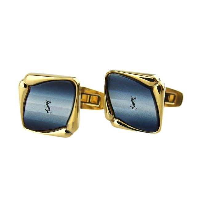 【X'masセール★30%OFF】サンローラン SAINT LAURENT カフスYSLロゴ スウィヴル式 ゴールド ネイビー グレー 灰色 レディース 中古