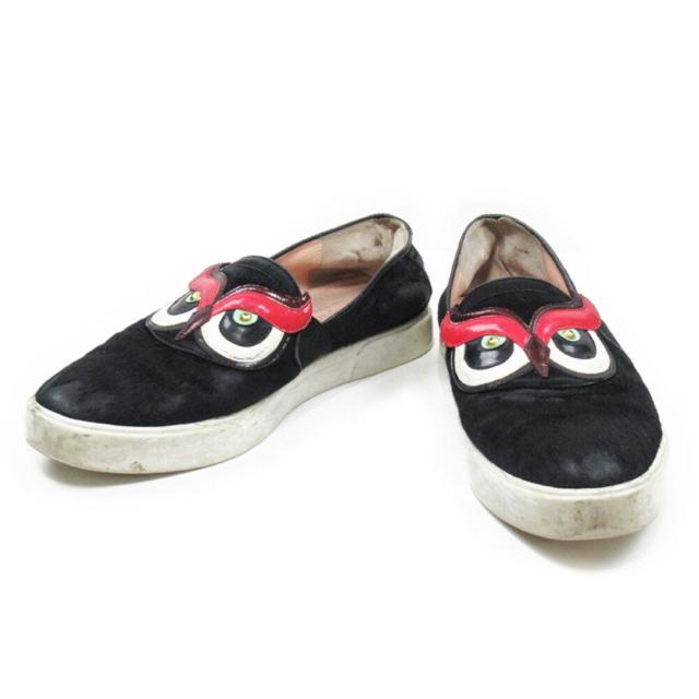 【BIGお買い物ラリー★30%OFFセール中】ケイトスペード Kate Spade スリッポンフクロウモチーフ ♯8 スニーカー ブラック レッド ホワイト 白系 レディース 中古