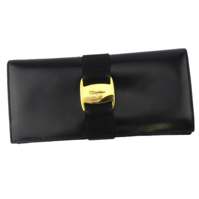 【BIGお買い物ラリー★30%OFFセール中】サルヴァトーレフェラガモ Salvatore Ferragamo 長財布ヴァラ ブラック ゴールド レディース 中古