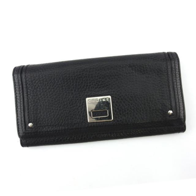 【BIGお買い物ラリー★30%OFFセール中】セリーヌ CELINE 長財布ロゴプレート ブラック シルバー レディース 中古