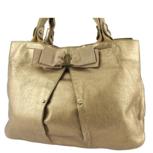 【X'masセール★30%OFF】サルヴァトーレフェラガモ Salvatore Ferragamo トートバッグヴァラリボン ゴールド ベージュ レディース 中古