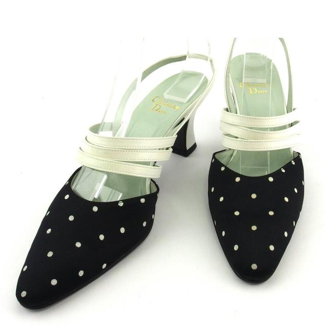 【X'masセール★30%OFF】ディオール Dior パンプス水玉 ドット ♯5ハーフ バックストラップ ブラック ホワイト 白 レディース 中古
