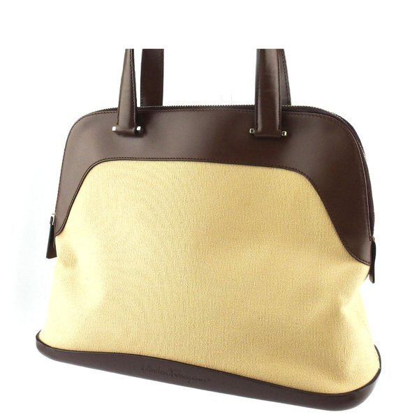 【BIGお買い物ラリー★30%OFFセール中】サルヴァトーレフェラガモ Salvatore Ferragamo ハンドバッグバイカラー 異素材コンビ ベージュ ブラウン シルバー レディース 中古