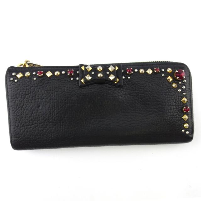 【X'masセール★30%OFF】ミュウミュウ MIUMIU 長財布リボン スタッズ＆ストーン付き ブラック ゴールド シルバー レッド レディース 中古