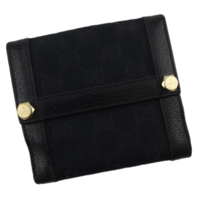 【BIGお買い物ラリー★30%OFFセール中】グッチ GUCCI 二つ折り財布GGキャンバス 六角ビット ブラック ゴールド レディース 中古