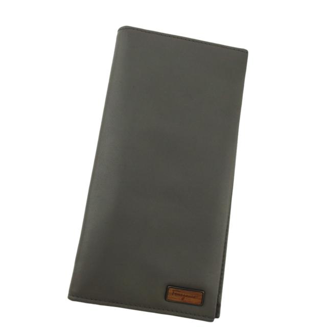 【BIGお買い物ラリー★30%OFFセール中】サルヴァトーレフェラガモ Salvatore Ferragamo 長財布ロゴプレート グレー 灰色 ブラウン レディース 中古