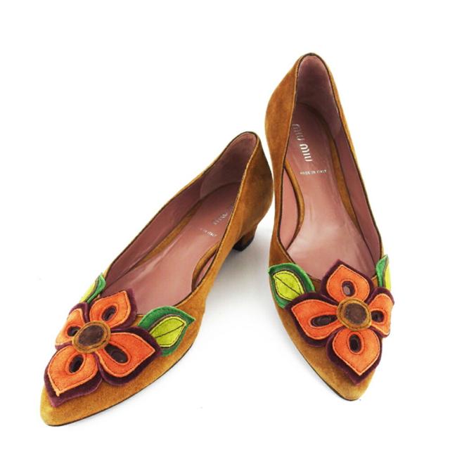 【BIGお買い物ラリー★30%OFFセール中】ミュウミュウ MIUMIU パンプスフラワーモチーフ ♯36 ポインテッドトゥ ブラウン オレンジ グリーン系 レディース 中古