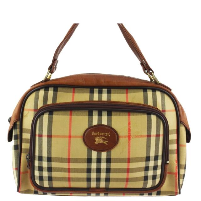 【X'masセール★30%OFF】バーバリー BURBERRY ハンドバッグチェック ホースマーク ベージュ ブラウン ゴールド系 レディース 中古