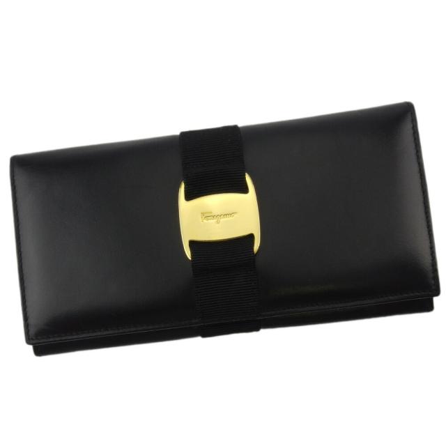 【BIGお買い物ラリー★30%OFFセール中】サルヴァトーレフェラガモ Salvatore Ferragamo 長財布ヴァラ ブラック ゴールド レディース 中古
