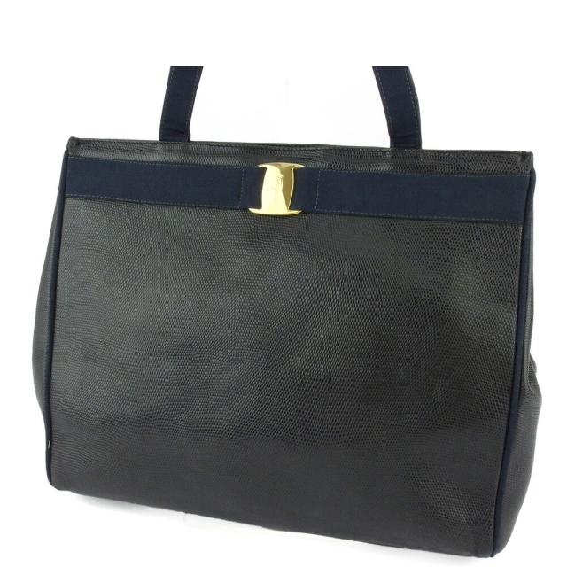 【BIGお買い物ラリー★30%OFFセール中】サルヴァトーレフェラガモ Salvatore Ferragamo トートバッグヴァラ リザード調 ブラック ネイビー ゴールド レディース 中古