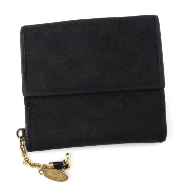 【X'masセール★30%OFF】グッチ GUCCI 二つ折り財布GGキャンバス ブーツチャーム付き ブラック ゴールド レディース 中古