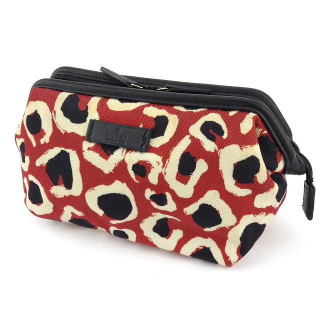 【BIGお買い物ラリー★30%OFFセール中】グッチ GUCCI ポーチレオパード ヒョウ レッド ベージュ ブラック レディース 中古