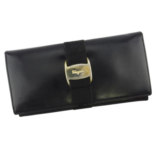 【BIGお買い物ラリー★30%OFFセール中】サルヴァトーレフェラガモ Salvatore Ferragamo 長財布ヴァラ ブラック ゴールド レディース 中古
