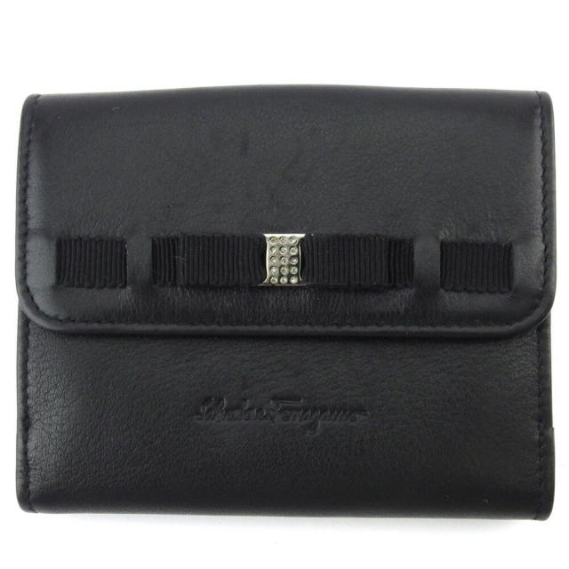 【BIGお買い物ラリー★30%OFFセール中】サルヴァトーレフェラガモ Salvatore Ferragamo 二つ折り財布ヴァラリボン ラインストーン付き ブラック シルバー レディース 中古