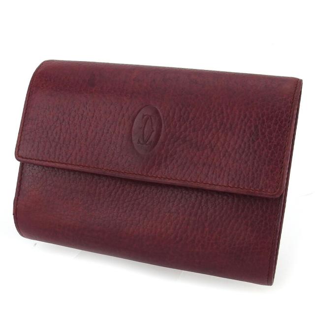 【BIGお買い物ラリー★30%OFFセール中】カルティエ CARTIER 三つ折り財布マストライン ボルドー ゴールド レディース 中古