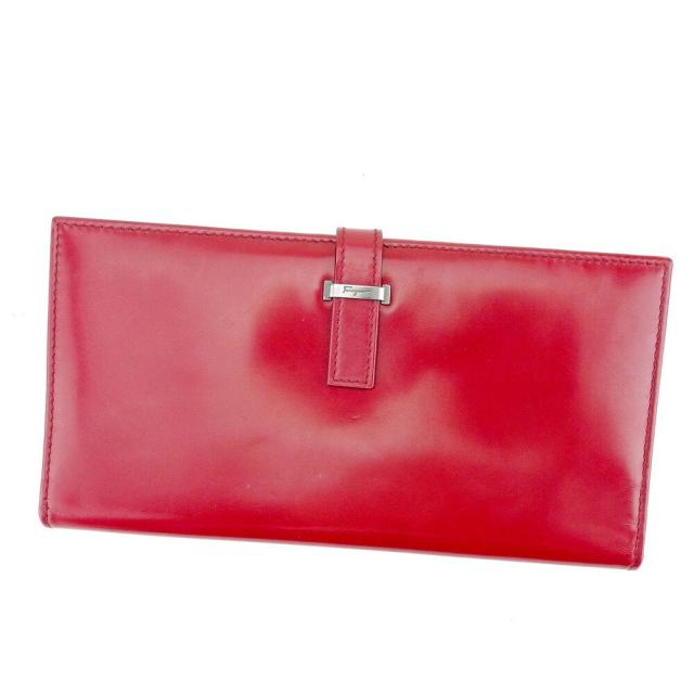 【BIGお買い物ラリー★30%OFFセール中】サルヴァトーレフェラガモ Salvatore Ferragamo 札入れロゴプレート レッド シルバー レディース 中古