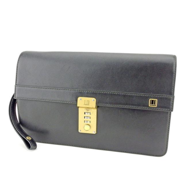 【BIGお買い物ラリー★30%OFFセール中】ダンヒル Dunhill クラッチバッグロゴプレート ブラック ゴールド レディース 中古