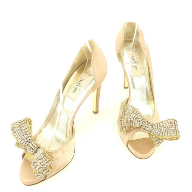【BIGお買い物ラリー★30%OFFセール中】ヴァレンティノ・ガラヴァーニ Valentino Garavani サンダルリボンモチーフ ♯37 ラインストーン付き ベージュ ゴールド レディース 中古