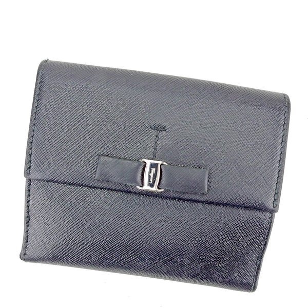 【BIGお買い物ラリー★30%OFFセール中】サルヴァトーレフェラガモ Salvatore Ferragamo 二つ折り財布ヴァラリボン ブラック シルバー レディース 中古