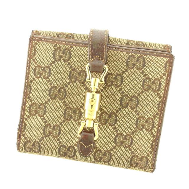 【BIGお買い物ラリー★30%OFFセール中】グッチ GUCCI 二つ折り財布ＧＧキャンバス ニュージャッキー ベージュ ブラウン ゴールド レディース 中古