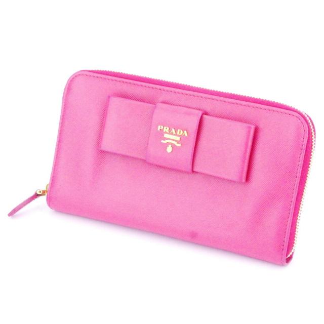 【BIGお買い物ラリー★30%OFFセール中】プラダ PRADA 長財布リボン ピンク ゴールド レディース 中古