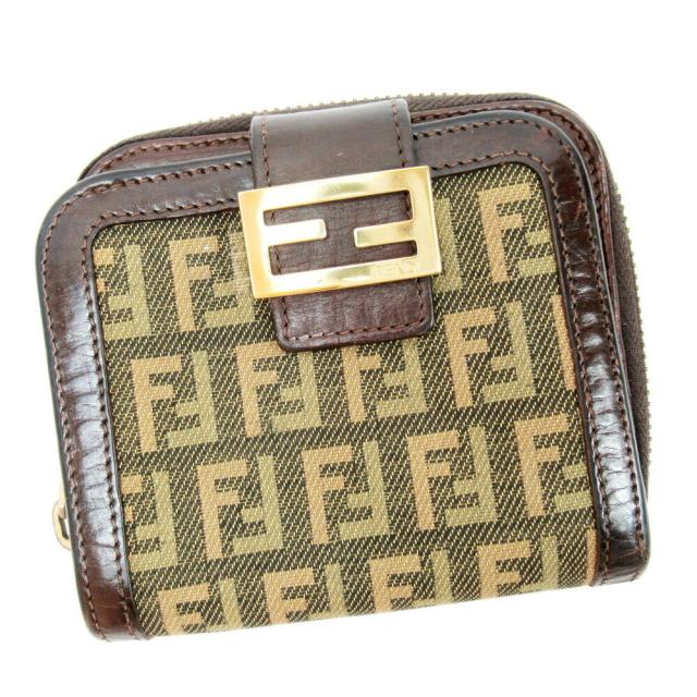【BIGお買い物ラリー★30%OFFセール中】フェンディ FENDI 二つ折り財布ズッキーノ ブラウン ベージュ レディース 中古