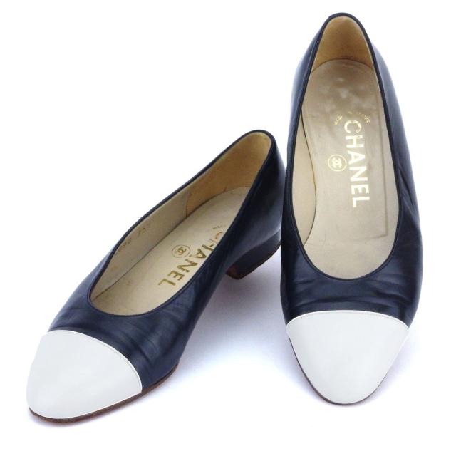 【BIGお買い物ラリー★30%OFFセール中】シャネル CHANEL パンプスバイカラー ♯35ハーフEF ラウンドトゥ ネイビー ホワイト 白 レディース 中古