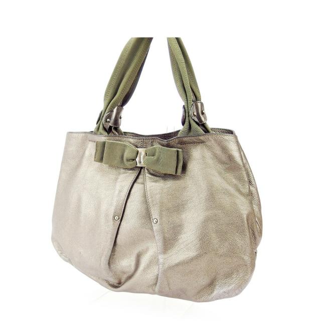 【BIGお買い物ラリー★30%OFFセール中】サルヴァトーレフェラガモ Salvatore Ferragamo トートバッグヴァラリボン ブラウン グリーン シルバー系 レディース 中古