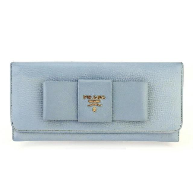 【BIGお買い物ラリー★30%OFFセール中】プラダ PRADA 長財布リボン ブルー ゴールド レディース 中古