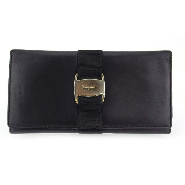 【BIGお買い物ラリー★30%OFFセール中】サルヴァトーレフェラガモ Salvatore Ferragamo 長財布ヴァラ ブラック ゴールド レディース 中古