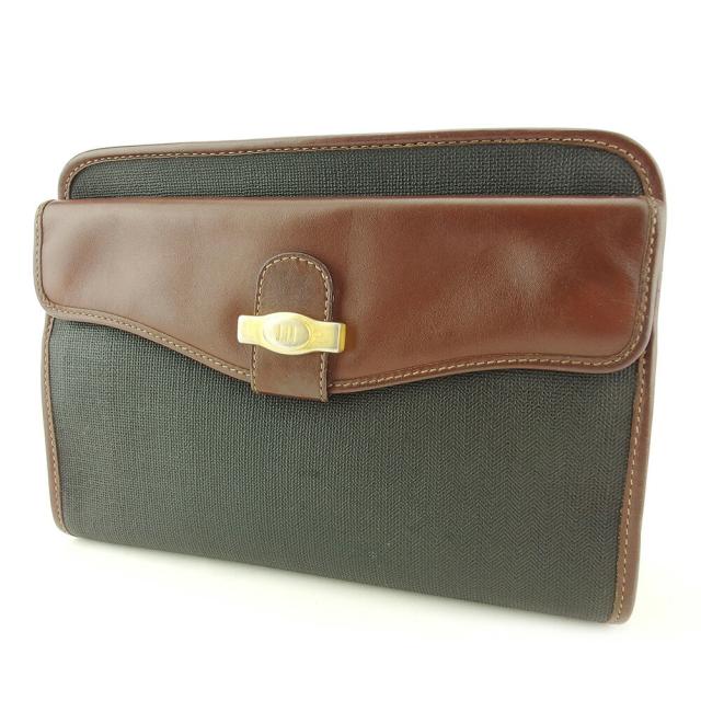 【BIGお買い物ラリー★30%OFFセール中】ダンヒル Dunhill クラッチバッグヘリンボーン ブラック ブラウン ゴールド レディース 中古
