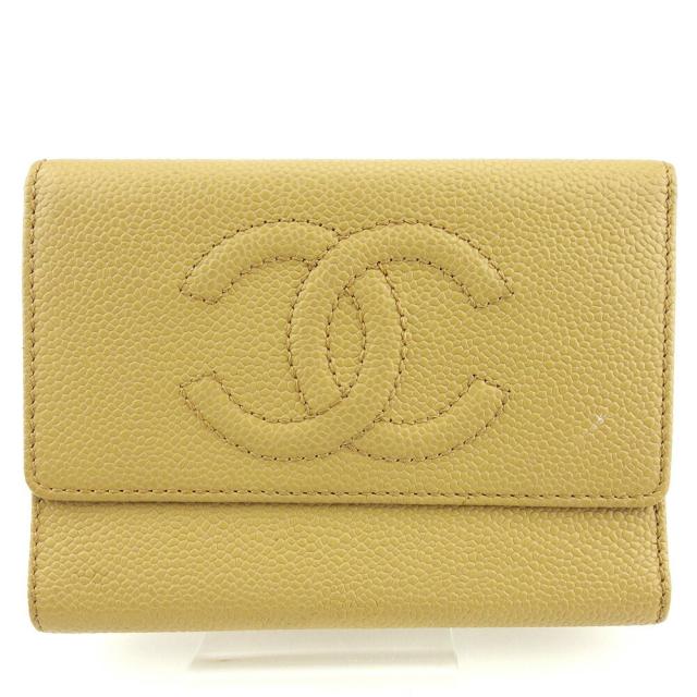 【BIGお買い物ラリー★30%OFFセール中】シャネル CHANEL 三つ折り財布ココマーク オールドシャネル ベージュ ゴールド レディース 中古