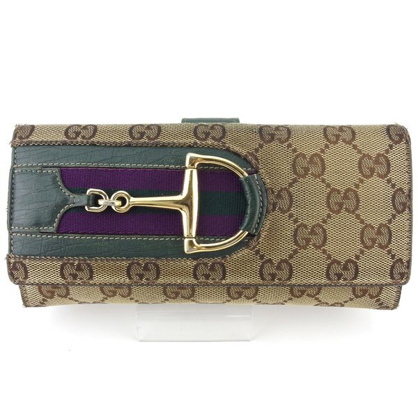 【X'masセール★30%OFF】グッチ GUCCI 長財布GGキャンバス ハスラービット ベージュ ブラウン グリーン パープル系 レディース 中古