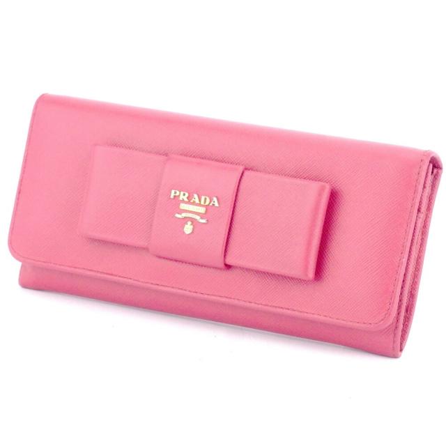 【BIGお買い物ラリー★30%OFFセール中】プラダ PRADA 長財布リボン ピンク ゴールド レディース 中古