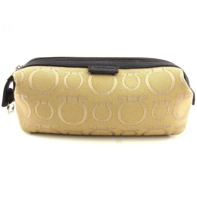 【BIGお買い物ラリー★30%OFFセール中】サルヴァトーレフェラガモ Salvatore Ferragamo ポーチガンチーニ ベージュ ブラウン シルバー レディース 中古