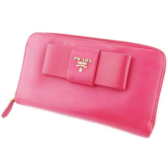【BIGお買い物ラリー★30%OFFセール中】プラダ PRADA 長財布リボン ピンク ゴールド レディース 中古