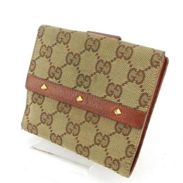 【BIGお買い物ラリー★30%OFFセール中】グッチ GUCCI 二つ折り財布GGキャンバス スタッズ ベージュ ブラウン ゴールド レディース 中古