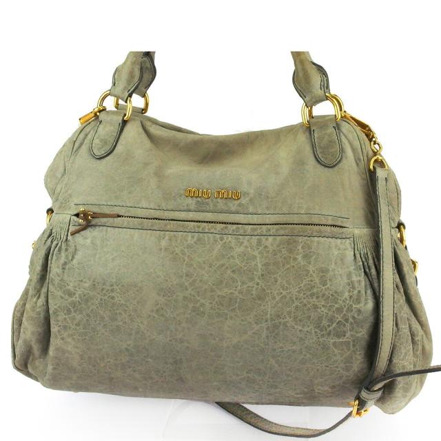 【BIGお買い物ラリー★30%OFFセール中】ミュウミュウ MIUMIU ショルダーバッグロゴ ギャザー入り グレー 灰色 グリーン ゴールド レディース 中古