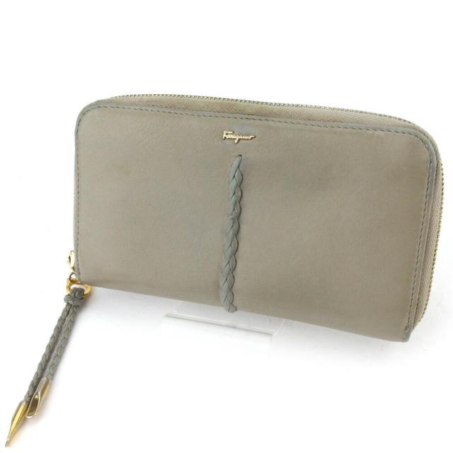 【BIGお買い物ラリー★30%OFFセール中】サルヴァトーレフェラガモ Salvatore Ferragamo 長財布レザーブレード グレー 灰色 ゴールド レディース 中古