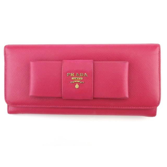 【BIGお買い物ラリー★30%OFFセール中】プラダ PRADA 長財布リボン ピンク ゴールド レディース 中古