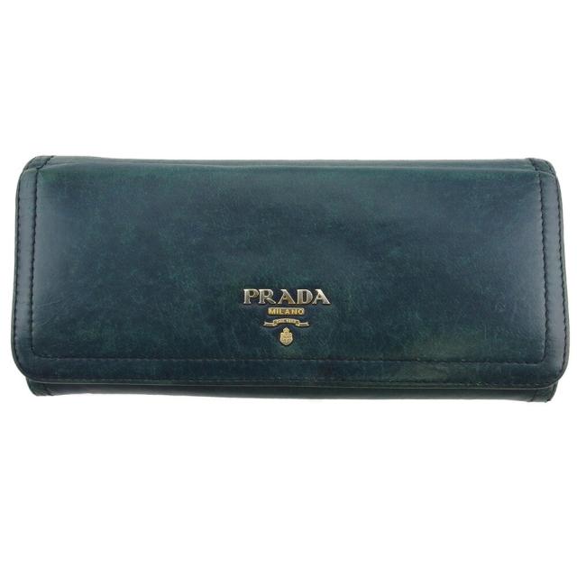 【BIGお買い物ラリー★30%OFFセール中】プラダ PRADA 長財布ロゴ グリーン ブルー ゴールド レディース 中古