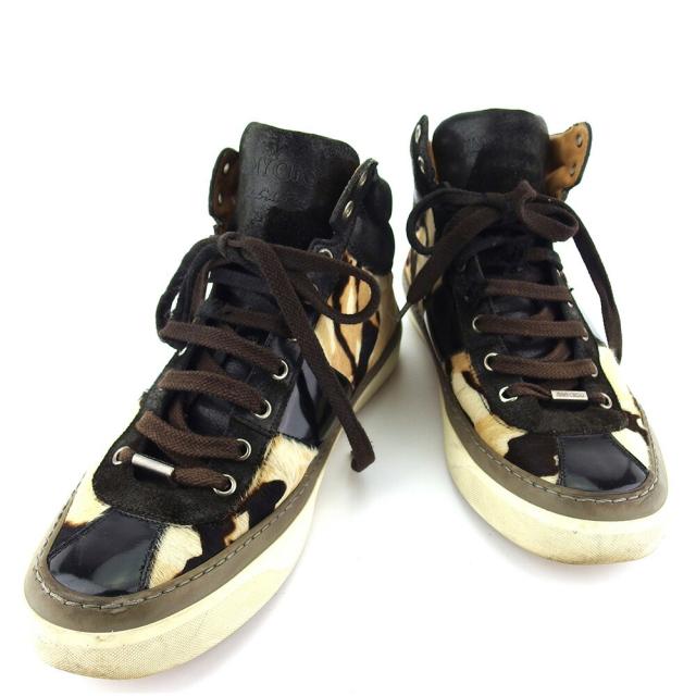 【BIGお買い物ラリー★30%OFFセール中】ジミーチュウ JIMMY CHOO スニーカーアニマル柄 ♯41 ブラック　ベージュ レディース 中古