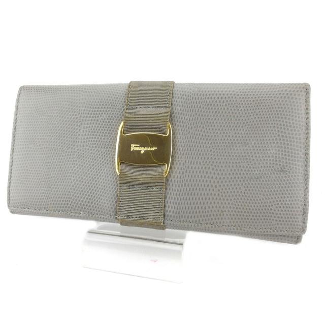 【BIGお買い物ラリー★30%OFFセール中】サルヴァトーレフェラガモ Salvatore Ferragamo 長財布ヴァラ金具 グレー 灰色 レディース 中古
