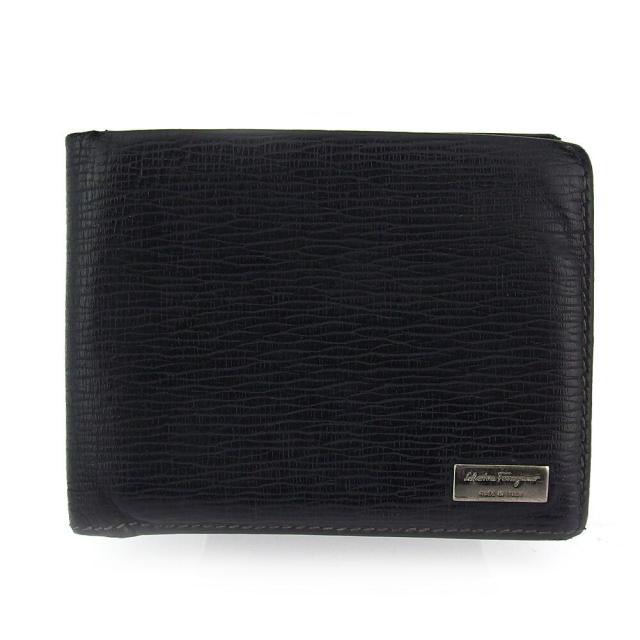 【BIGお買い物ラリー★30%OFFセール中】サルヴァトーレフェラガモ Salvatore Ferragamo 札入れロゴプレート ブラック シルバー レディース 中古