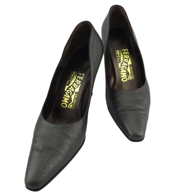 【X'masセール★30%OFF】サルヴァトーレフェラガモ Salvatore Ferragamo パンプスリザード調 ♯5ハーフC ハイヒール グレー 灰色 レディース 中古