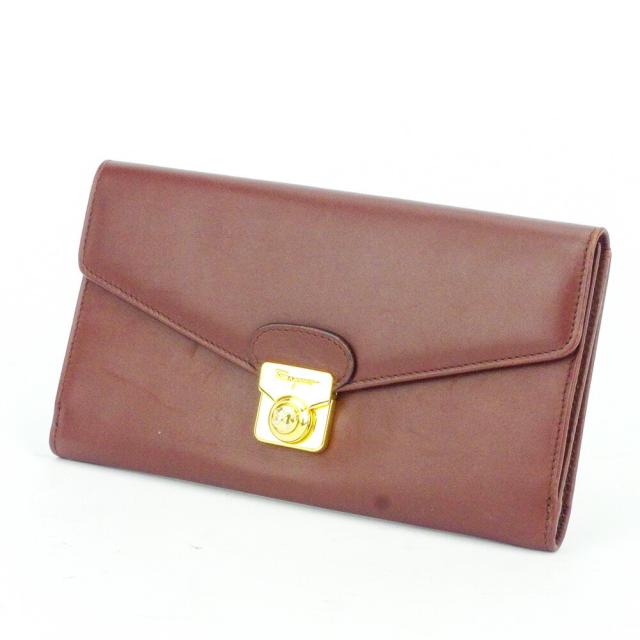 【BIGお買い物ラリー★30%OFFセール中】サルヴァトーレフェラガモ Salvatore Ferragamo 長財布ロゴプレート ブラウン レッド ゴールド レディース 中古