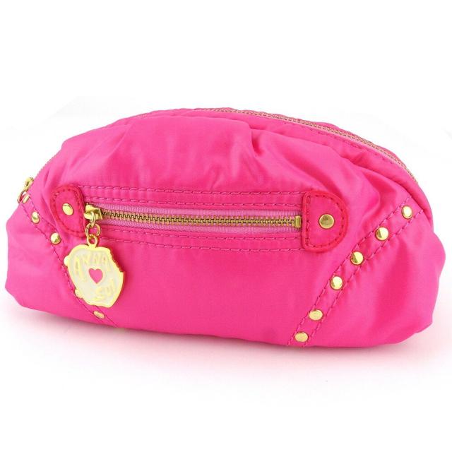 【BIGお買い物ラリー★30%OFFセール中】アナスイ ANNA SUI ポーチスタッズ アップルチャーム付き ピンク ゴールド ホワイト 白 レディース 中古