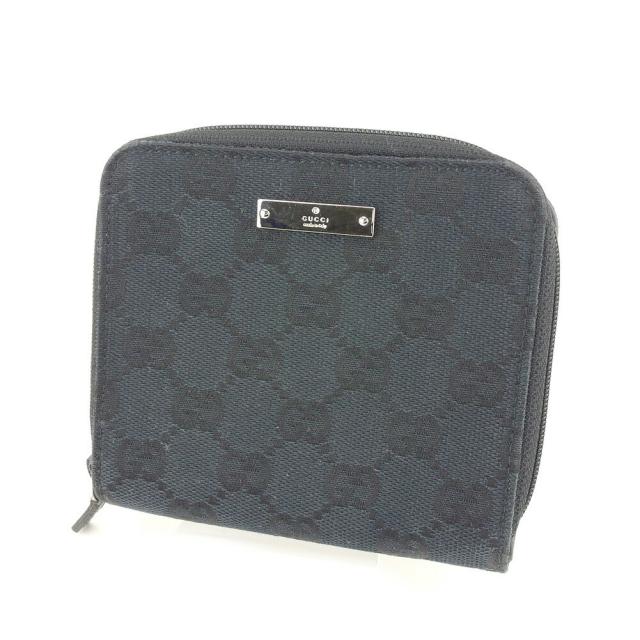 【X'masセール★30%OFF】グッチ GUCCI 二つ折り財布GGキャンバス ブラック シルバー レディース 中古