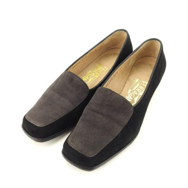 【BIGお買い物ラリー★30%OFFセール中】サルヴァトーレフェラガモ Salvatore Ferragamo パンプスバイカラー ♯5ハーフC スクエアトゥ ブラック グレー 灰色 レディース 中古